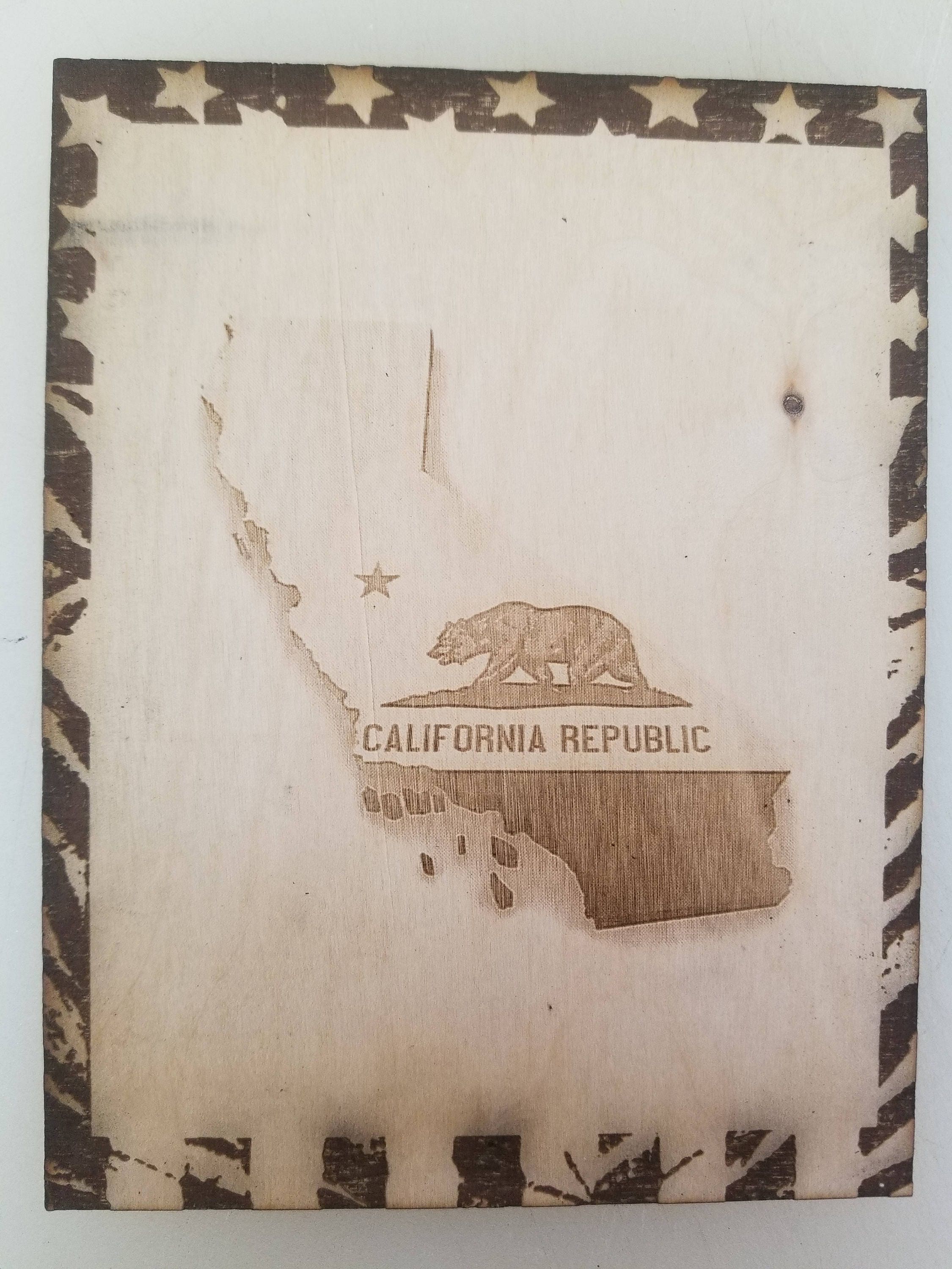 Engraved California With American Flag Border- California Shaped ...