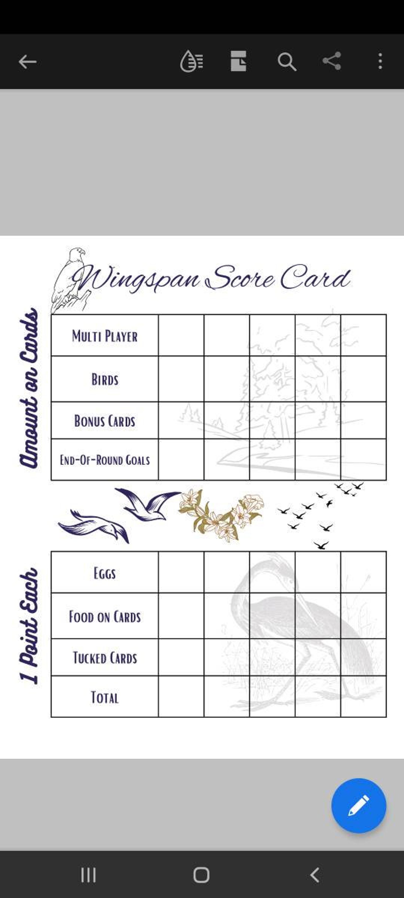 Wingspan Score Sheet Large Font - Etsy