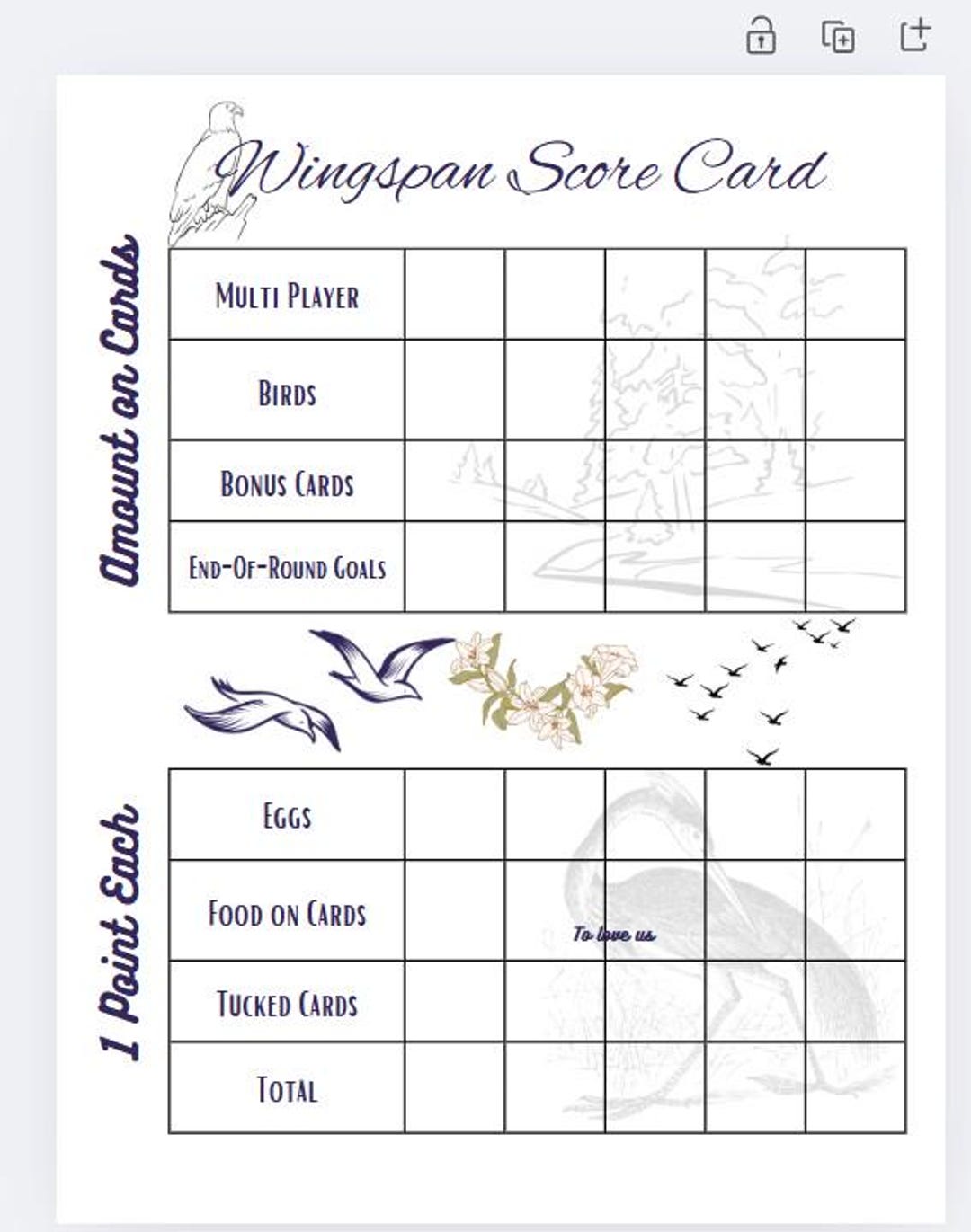 Wingspan Score Sheet Large Font - Etsy