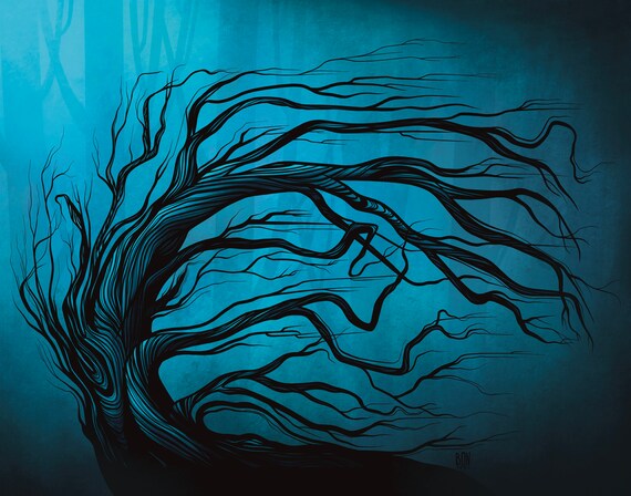 Windy // Dark Tree Against Blue Background in the Wind | Etsy