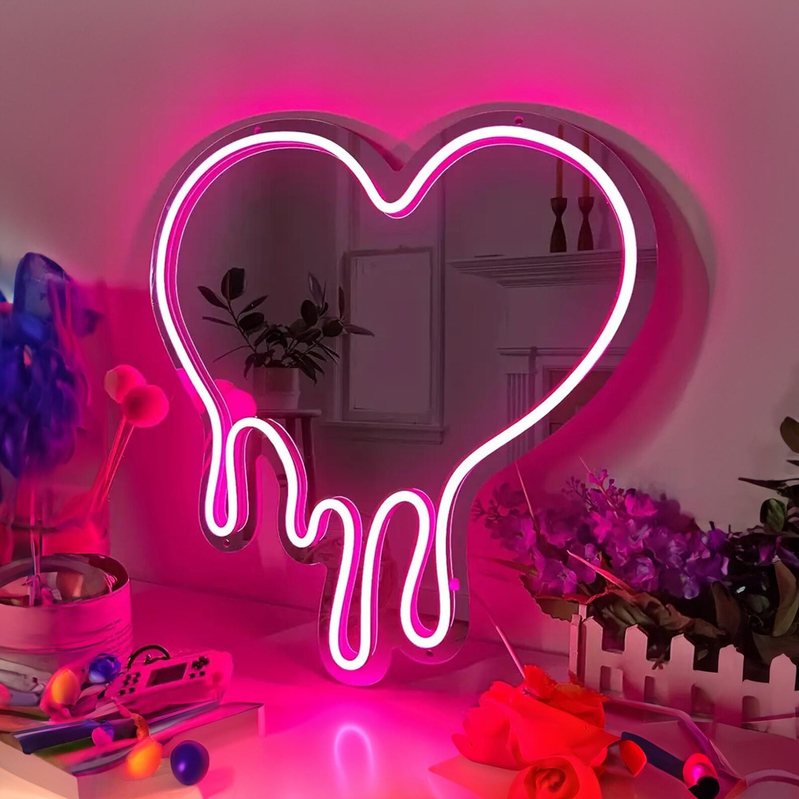 Heart Melt Neon Sign Mirror: Custom LED Light, Girl Room Decor - Etsy