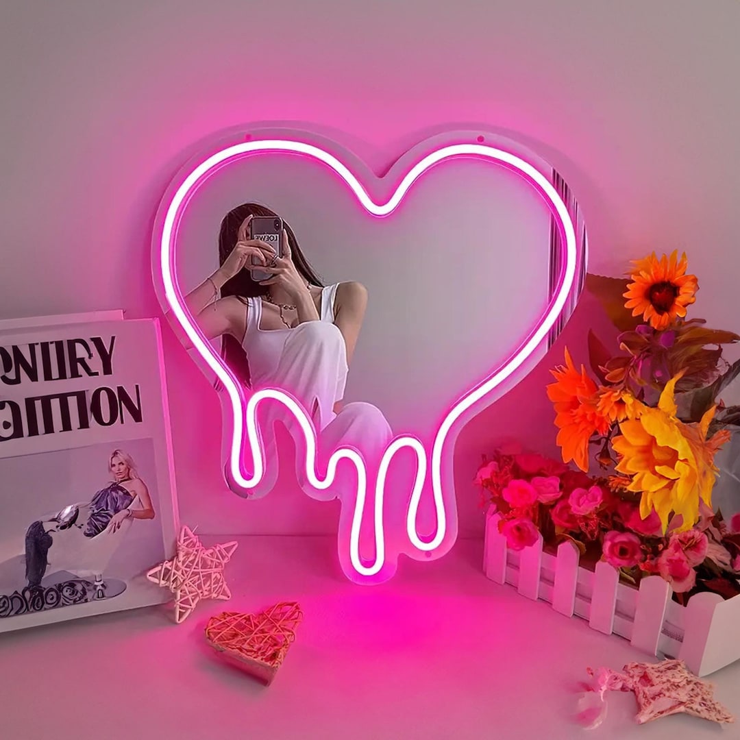 Heart Melt Neon Sign Mirror: Custom LED Light, Girl Room Decor - Etsy