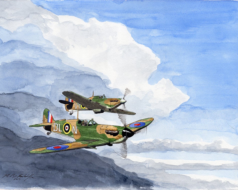 Spitfire Painting With Hurricane 8x10 Watercolor - Etsy