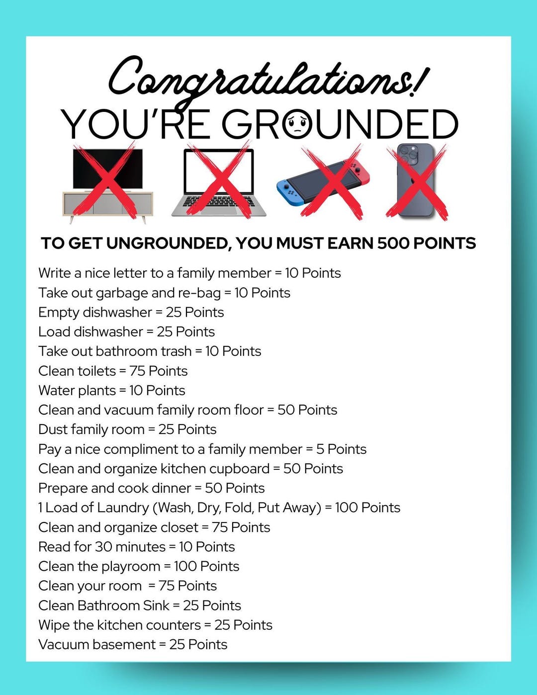 Downloadable Congratulations You're Grounded - Points System to Get Your Child "ungrounded" - Etsy