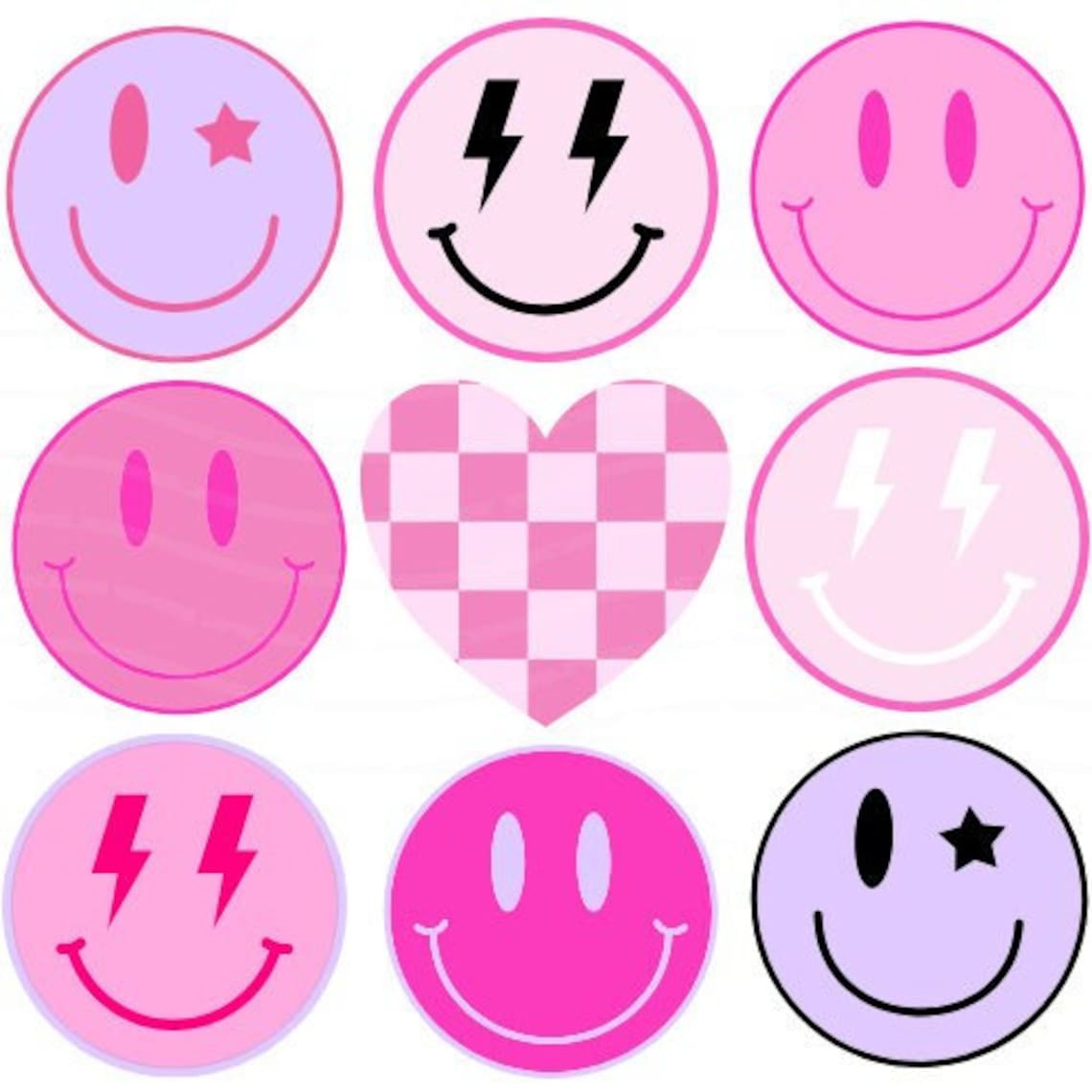 Pink Purple Valentine's Retro Smiley Face Checkered Heart PNG for T ...