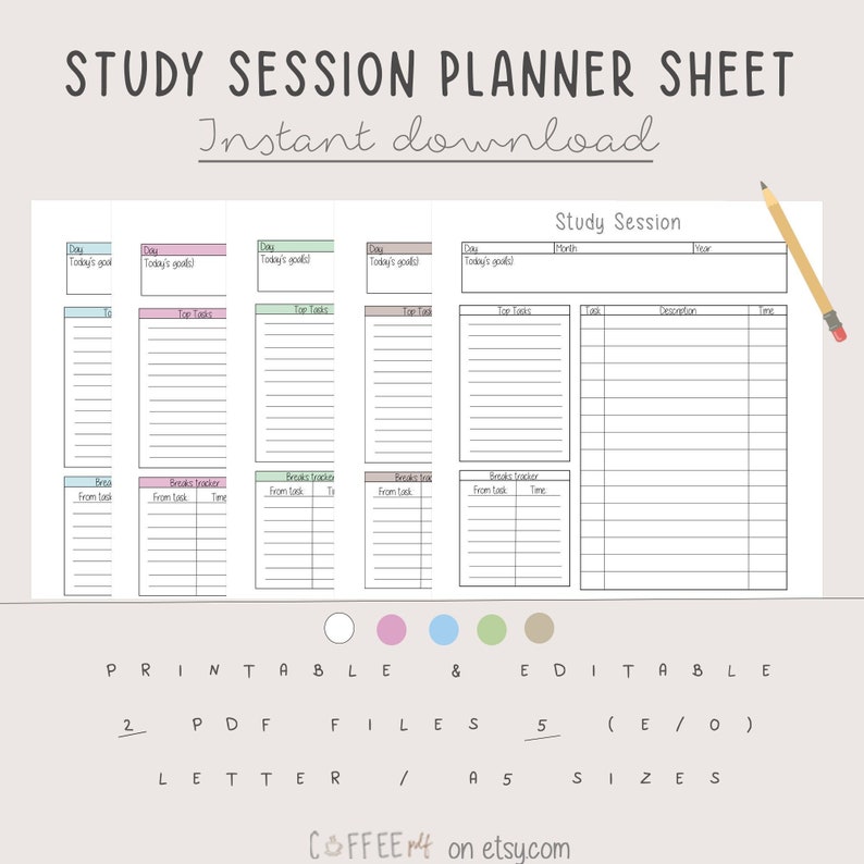 Study Session Planner Sheet // Printable in Letter & A5 Size + 5 ...