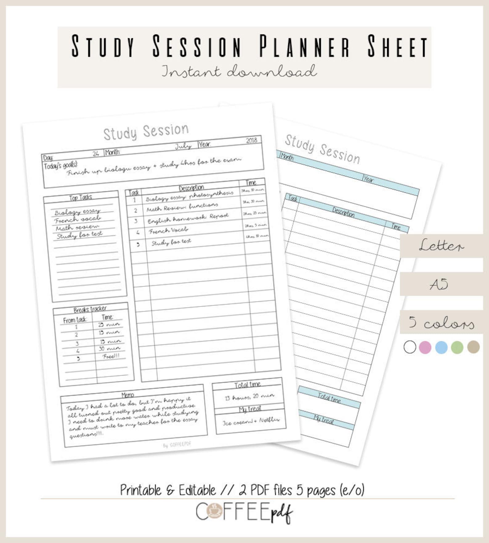 Study Session Planner Sheet // Printable in Letter & A5 size | Etsy