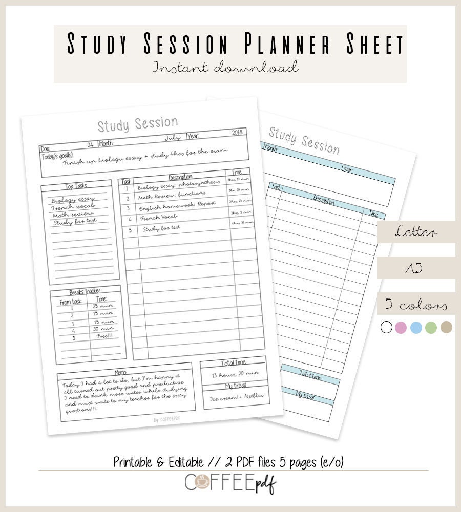 Study Session Planner Sheet // Printable in Letter & A5 size | Etsy
