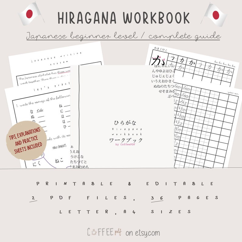 Japanese Hiragana Workbook // Printable in Letter & A4 Size // Japanese ...