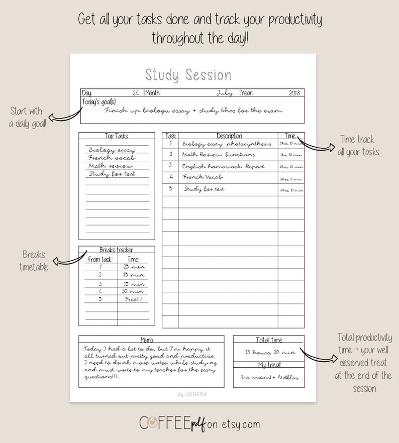 Study Session Planner Sheet // Printable in Letter & A5 Size + 5 ...