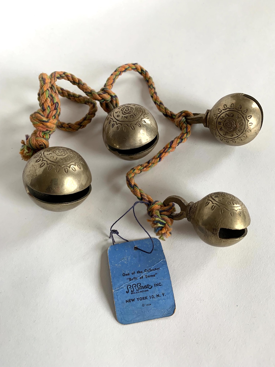 Sarna Brass Bells on Cord, Four Etched Graduated Brass Bells, Bullock ...
