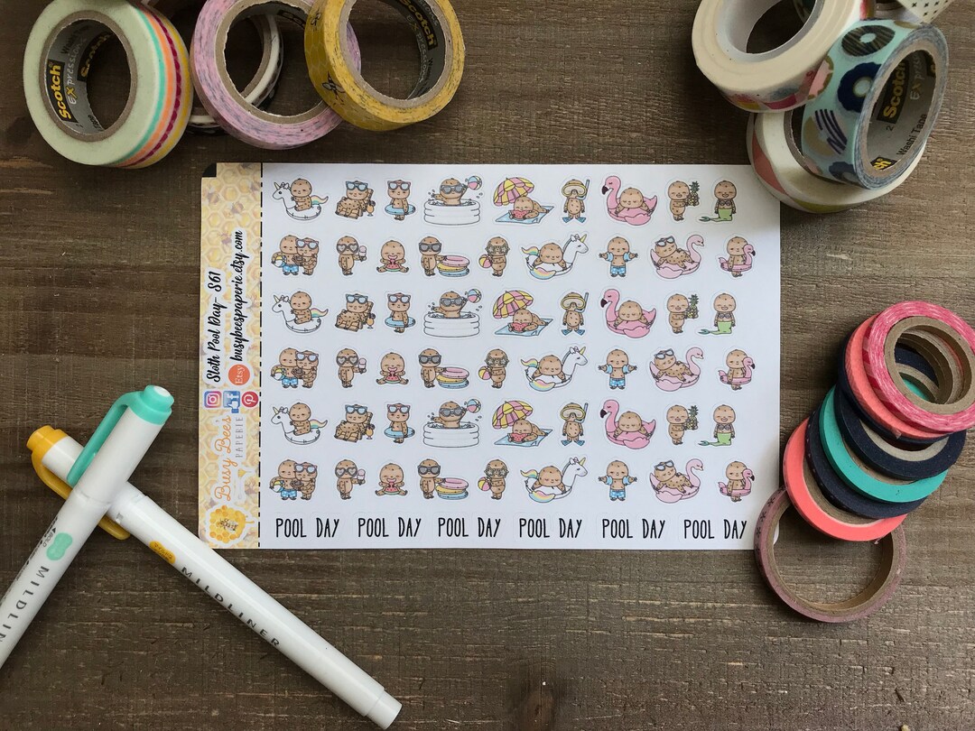 Sloth Pool Day Stickers Pool Day Stickers Planner Stickers Sloths Sloth ...
