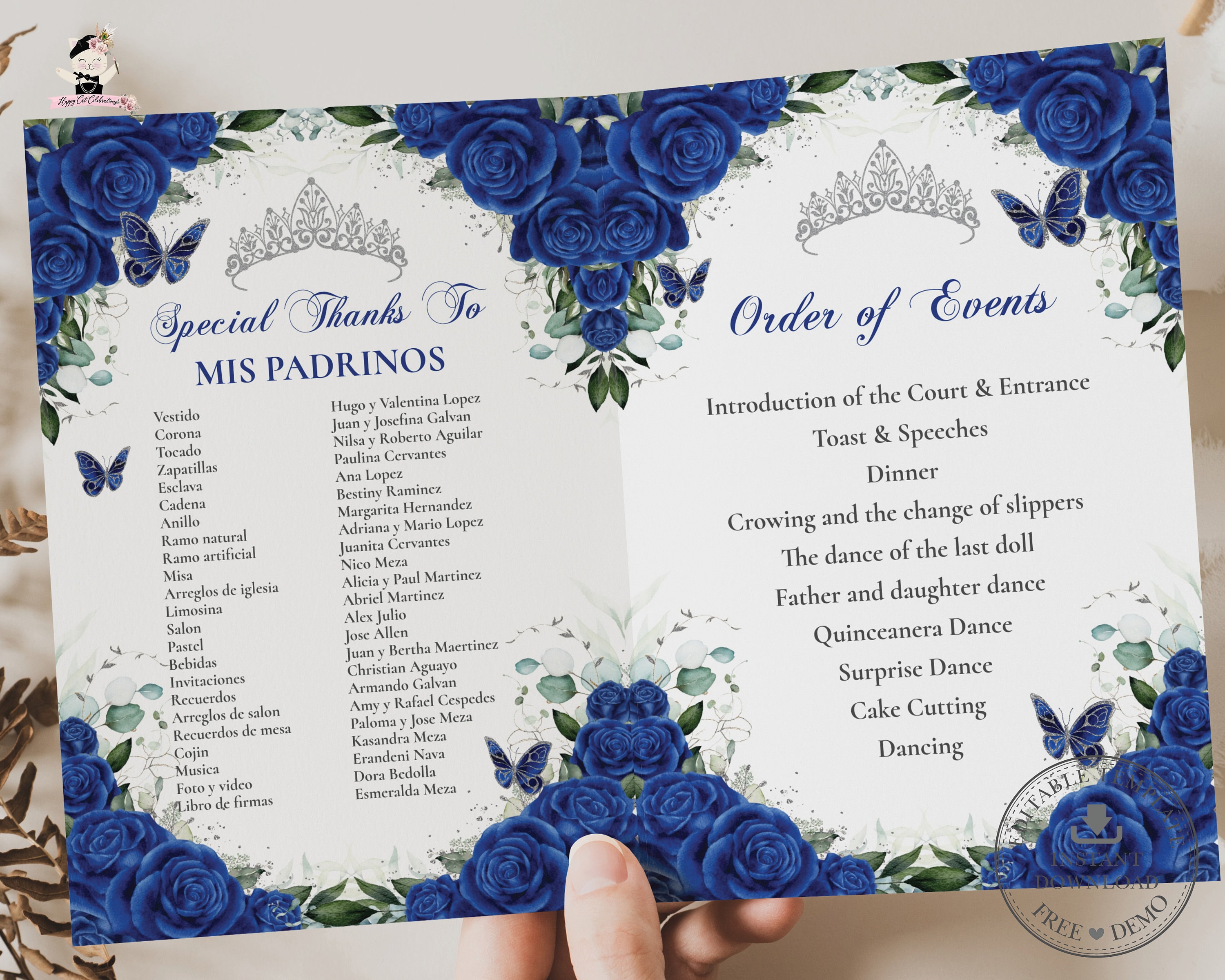 EDITABLE Royal Blue Floral Butterflies Silver Quinceañera Bi-fold ...