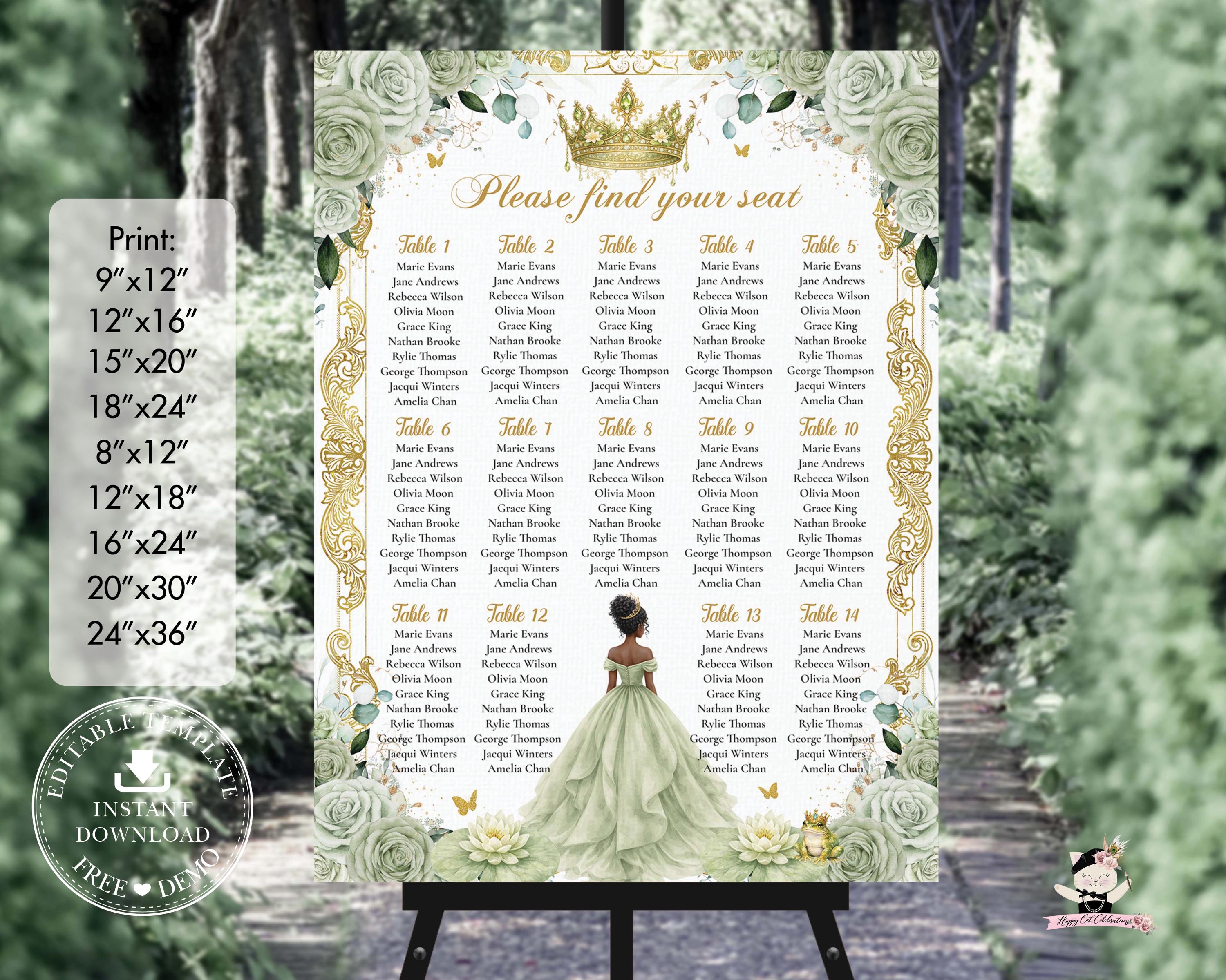 Sage Green Floral Princess and Frog Prince Seating Chart, Quinceañera ...