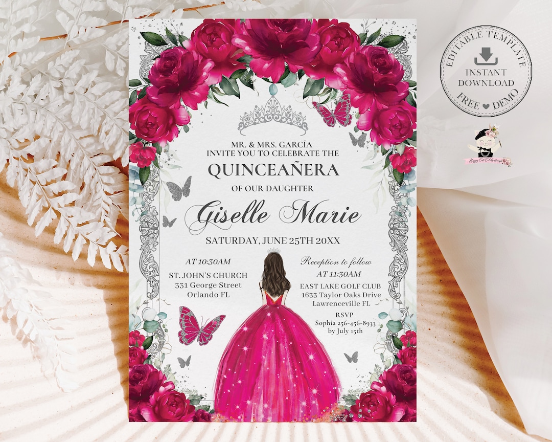 Fuchsia Pink Floral Silver Butterflies Princess Gown Quinceañera ...