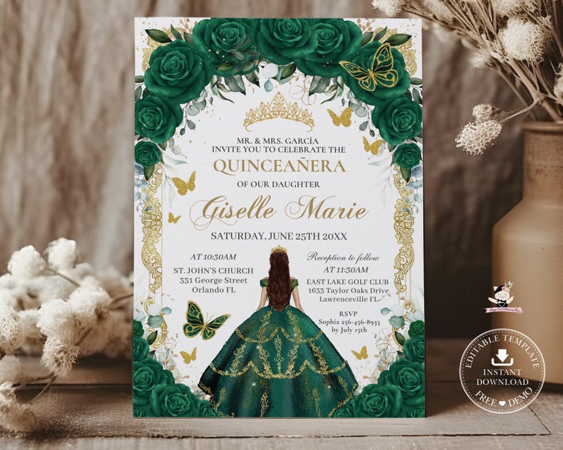 Emerald Green Floral Gold Brunette Princess Quinceañera Invitation Printable EDITABLE TEMPLATE ...