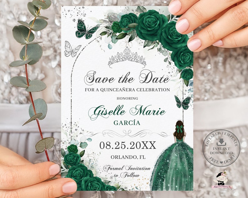 Emerald Green Floral Rose Butterfly Silver Quinceañera Save the Date ...