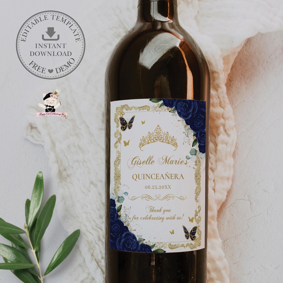 EDITABLE Template Navy Blue Floral Butterflies Gold Quinceañera Wine ...