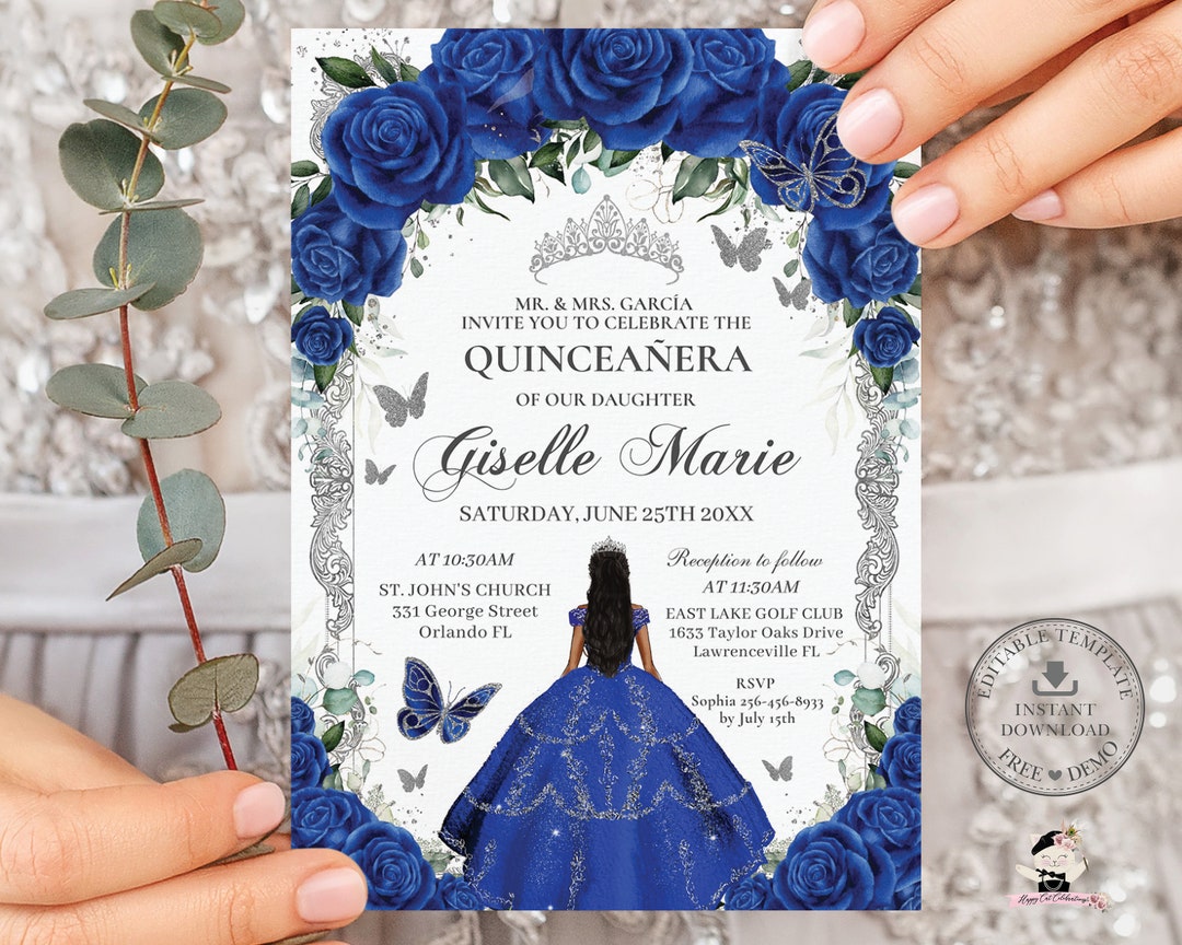 Royal Blue Floral Silver Black Hair Princess Dress Gown Quinceañera ...