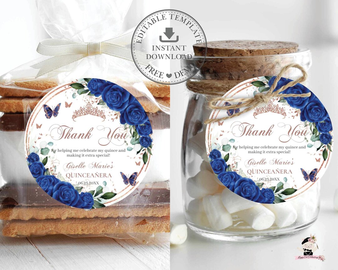 EDITABLE Round Circle Tags Stickers Labels Royal Blue Floral Rose Gold ...