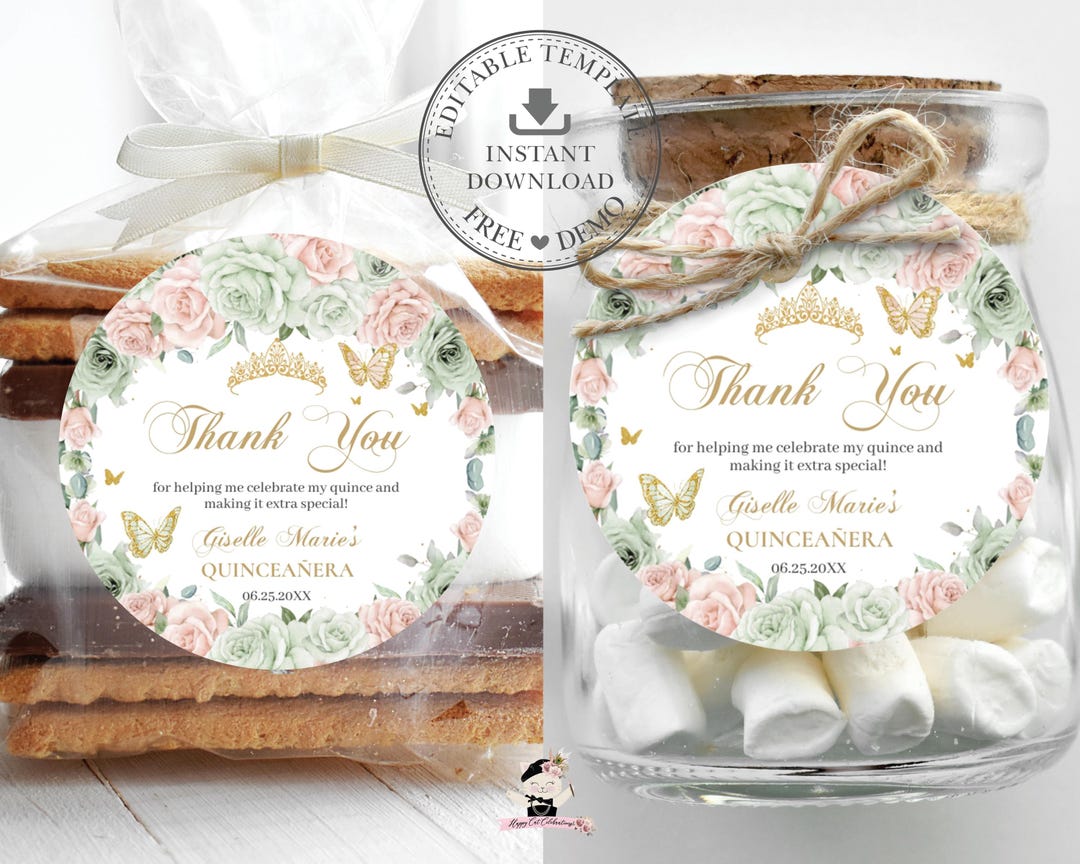 EDITABLE Round Circle Tags Stickers Labels Sage Green Pink Floral ...