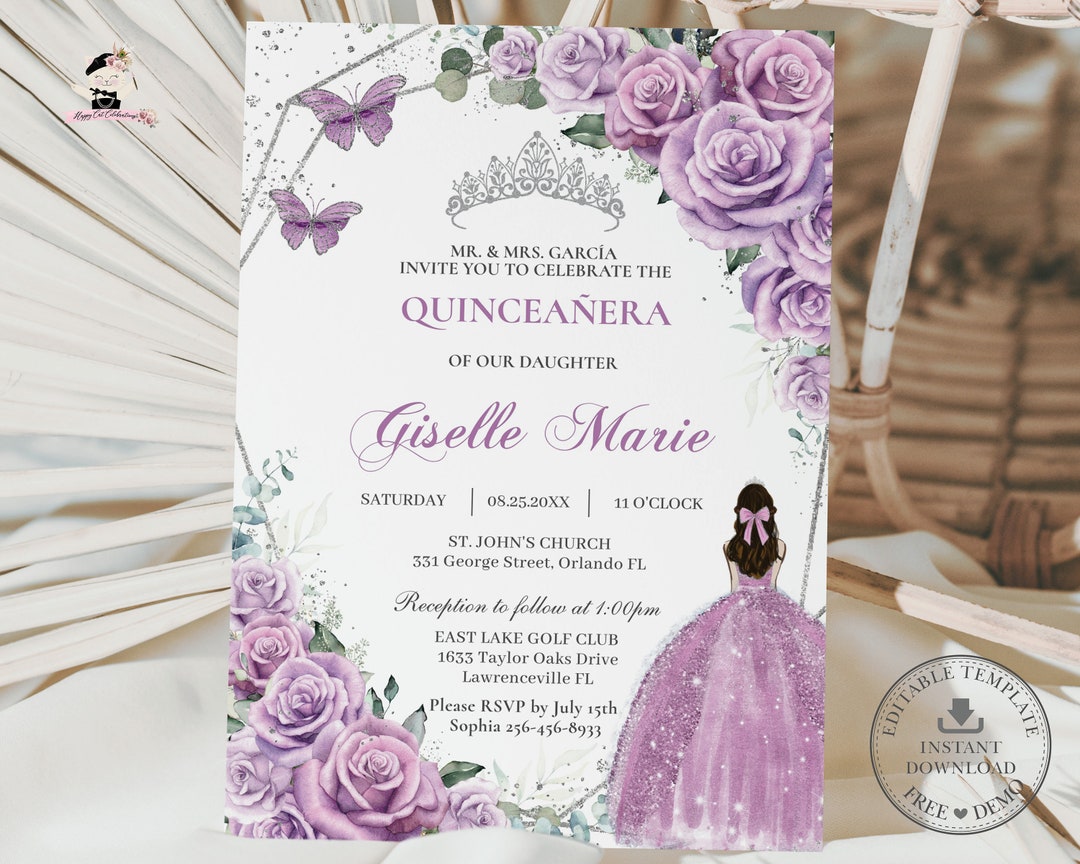 Purple Lilac Floral Roses Silver Quinceañera Invitation EDITABLE ...