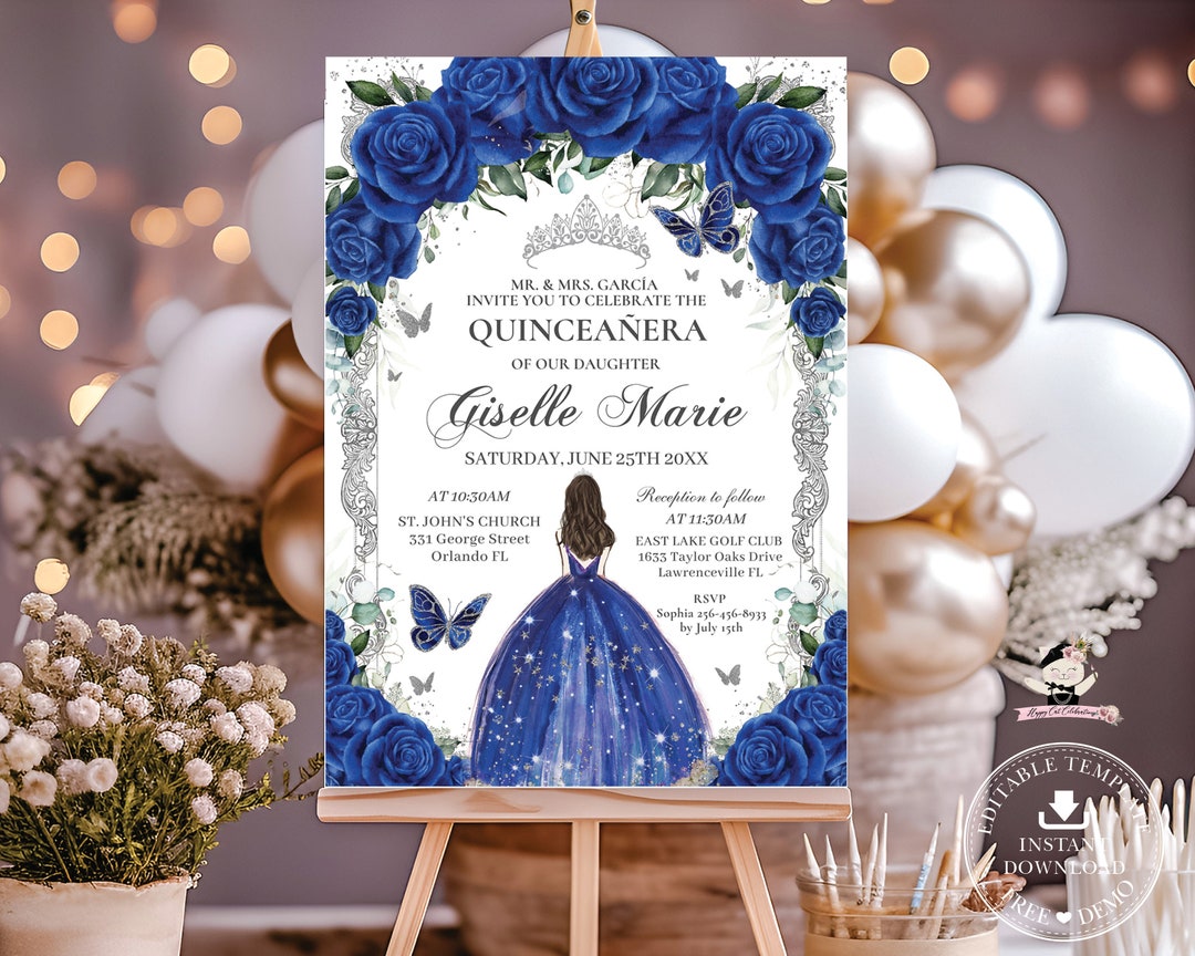 Royal Blue Floral Vintage Silver Princess Dress Gown Quinceañera ...