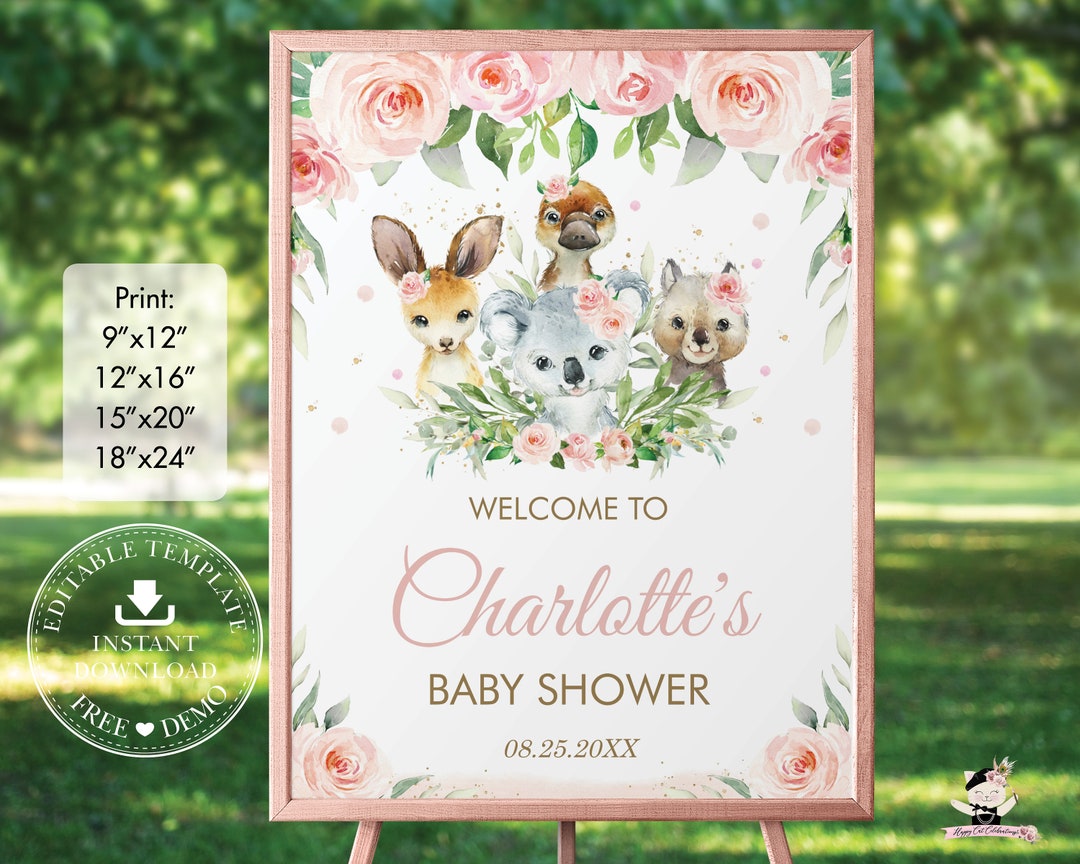 Australian Animals Pink Floral Greenery Welcome Sign Printable EDITABLE ...