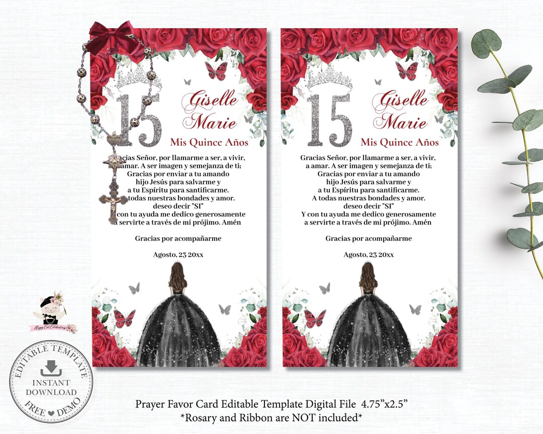 Prayer Card Rosary Favor Red Floral Black Dress EDITABLE TEMPLATE ...