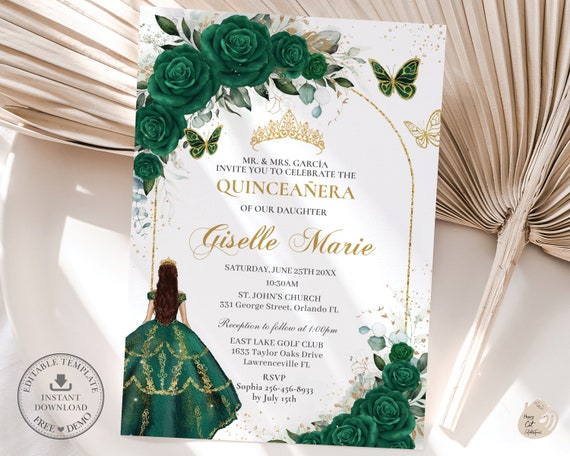 Emerald Green Floral Rose Butterfly Quinceañera Invitation - Etsy