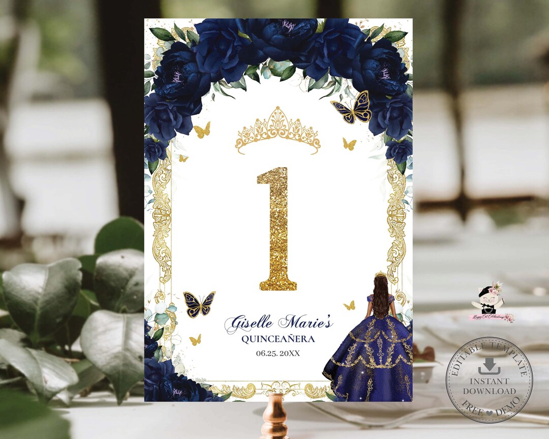 Navy Blue Roses Floral Gold Tan Princess Quinceañera Table Number ...