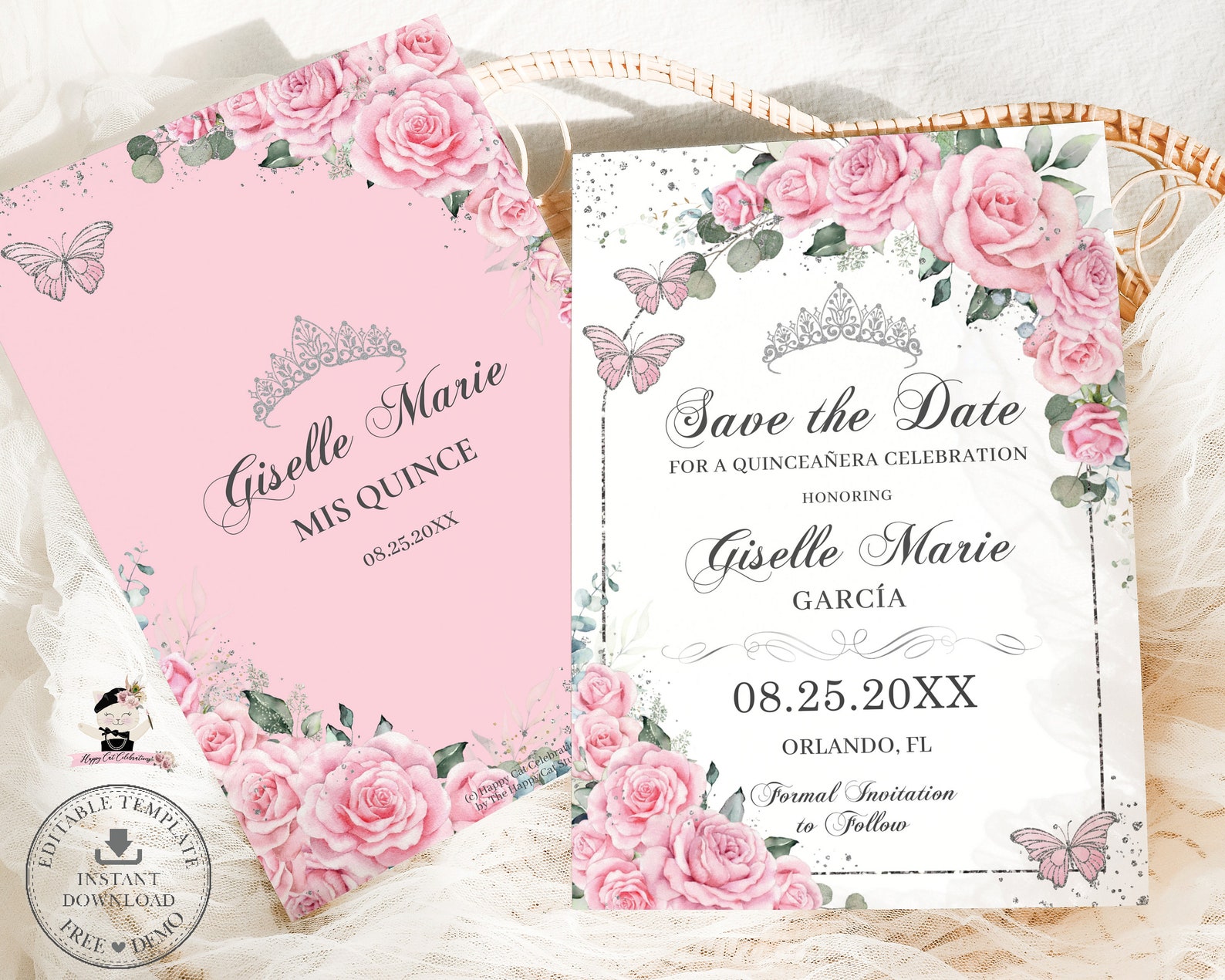 EDITABLE TEMPLATE Light Pink Rose Floral Silver Butterflies Quinceañera ...