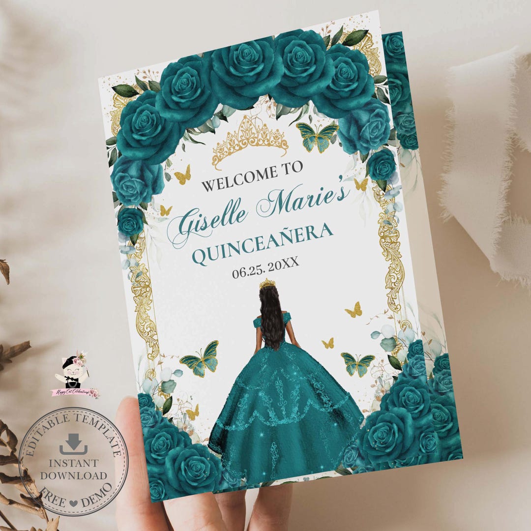 EDITABLE Teal Green Floral Princess Gown Gold Quinceañera Bi-fold ...