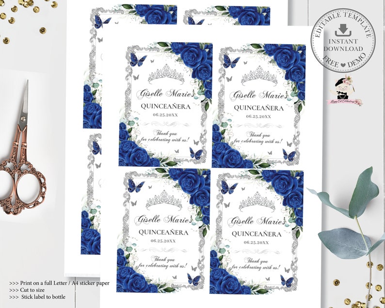 EDITABLE Template Royal Blue Floral Butterflies Silver Quinceañera Wine ...