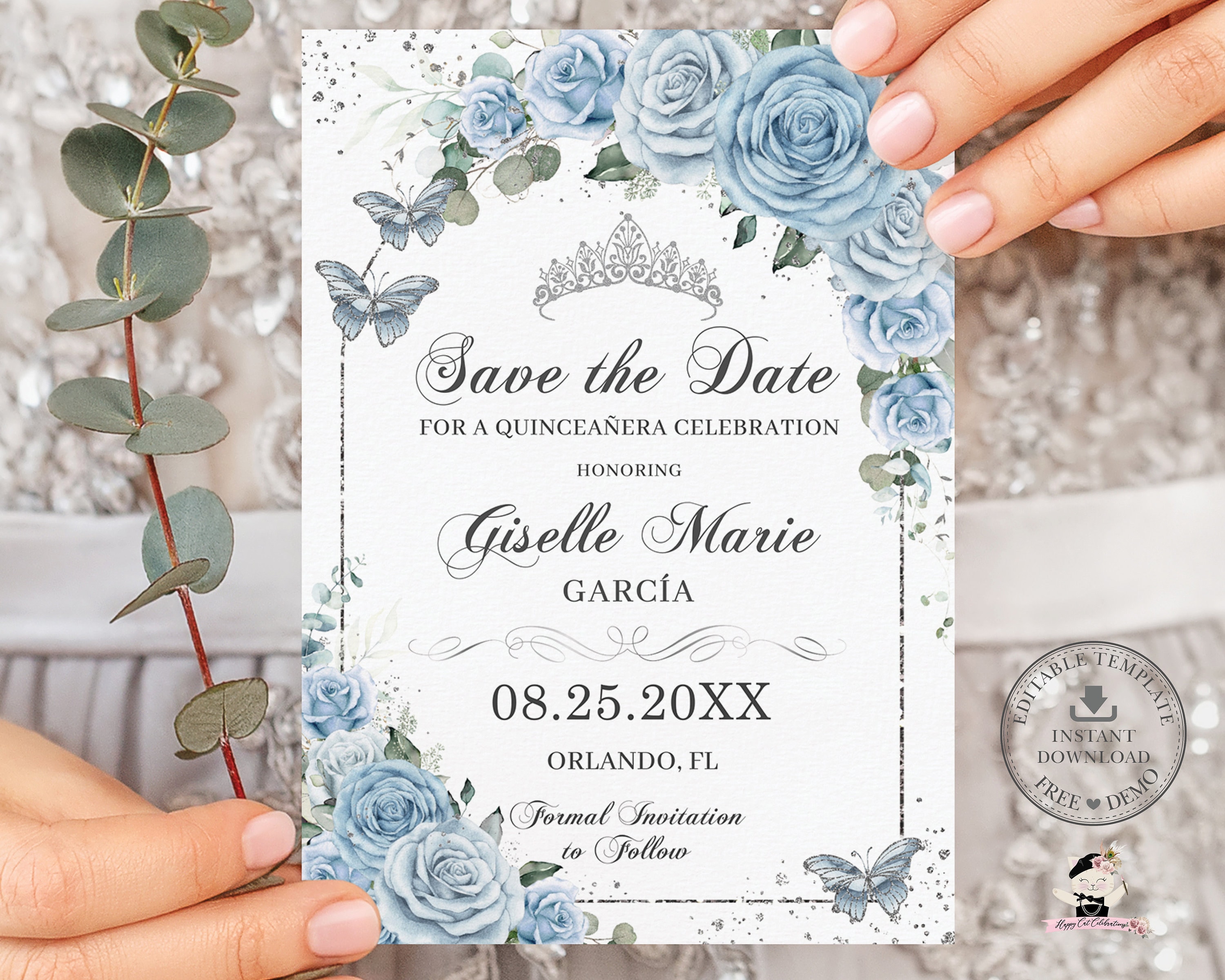 Baby Blue Floral Rose Silver Arch Quinceañera Save the Date EDITABLE ...