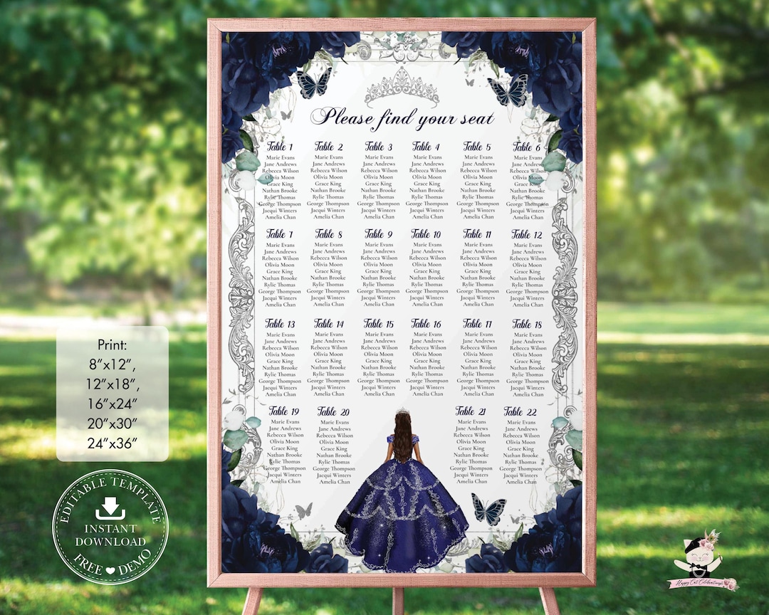 Navy Blue Roses Silver Quinceañera Seating Chart Template (24"x36 ...