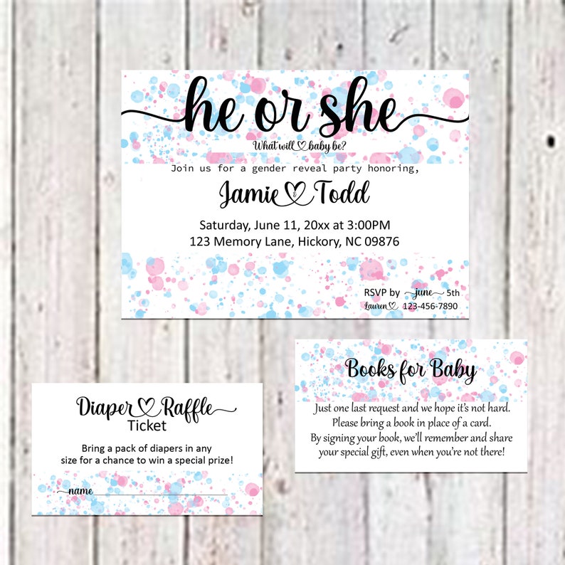Paint Splatter Gender Reveal Invitation: Diaper Raffle, Book Card ...