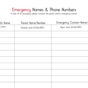 Emergency Contact List, Home Daycare Emergency List, Childcare Log ...