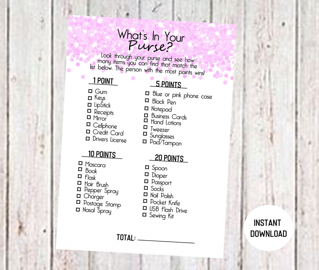 Purple Baby Shower Printable Games, What's in Your Purse Game, Girl ...
