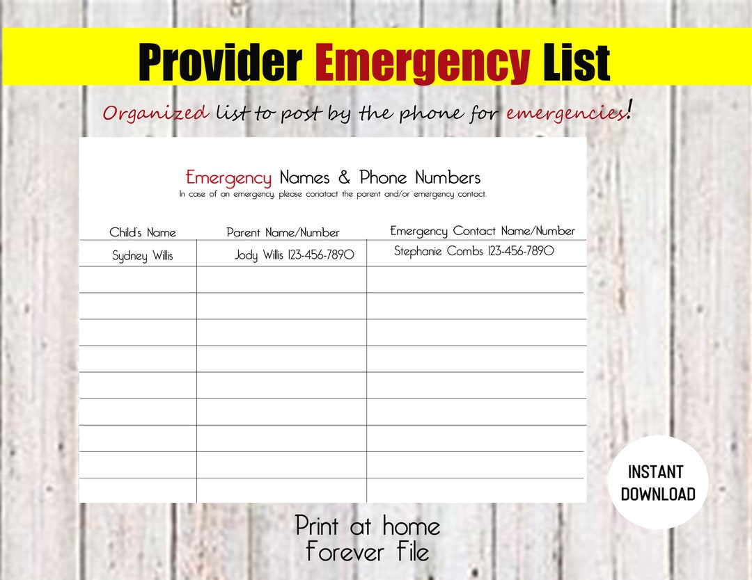Emergency Contact List, Home Daycare Emergency List, Childcare Log ...
