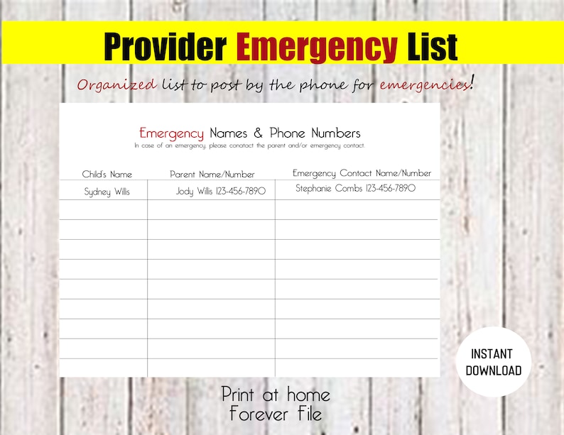 Emergency Contact List, Home Daycare Emergency List, Childcare Log ...