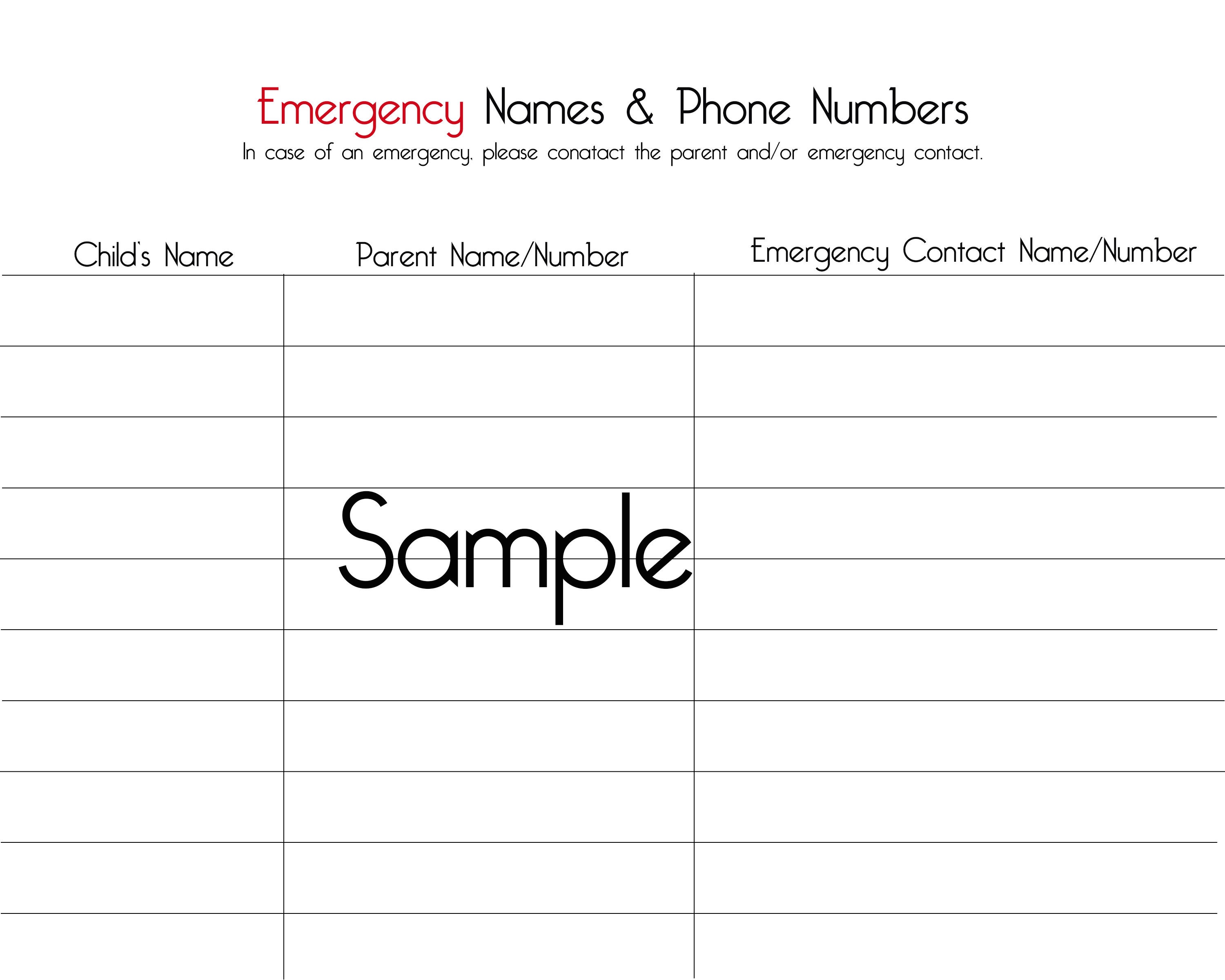 Emergency Contact List, Home Daycare Emergency List, Childcare Log ...