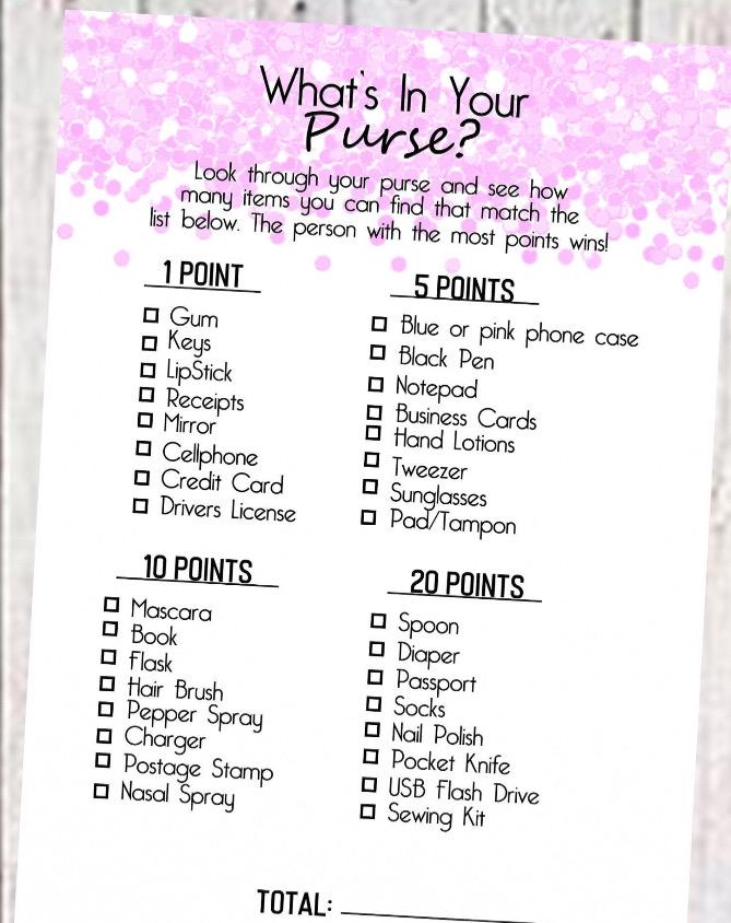 Purple Baby Shower Printable Games, What's in Your Purse Game, Girl ...