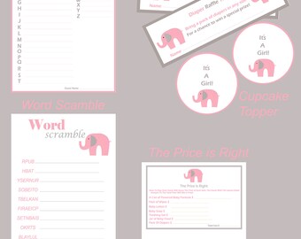 Pink Baby Shower Printable Games Set of 6, Pink Elephant Design, Girl ...