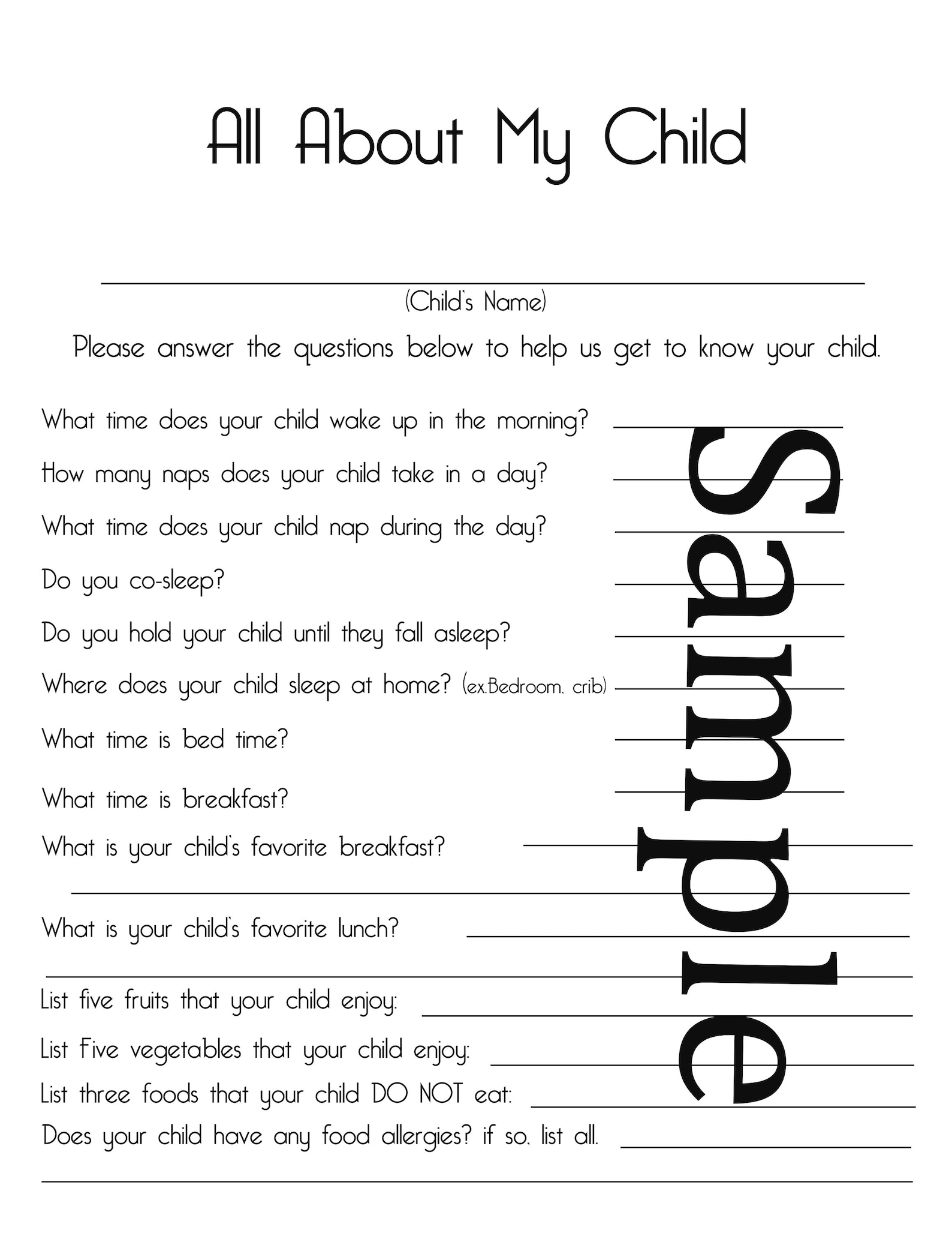 Home Daycare Forms All About My Child Printable Record | Etsy