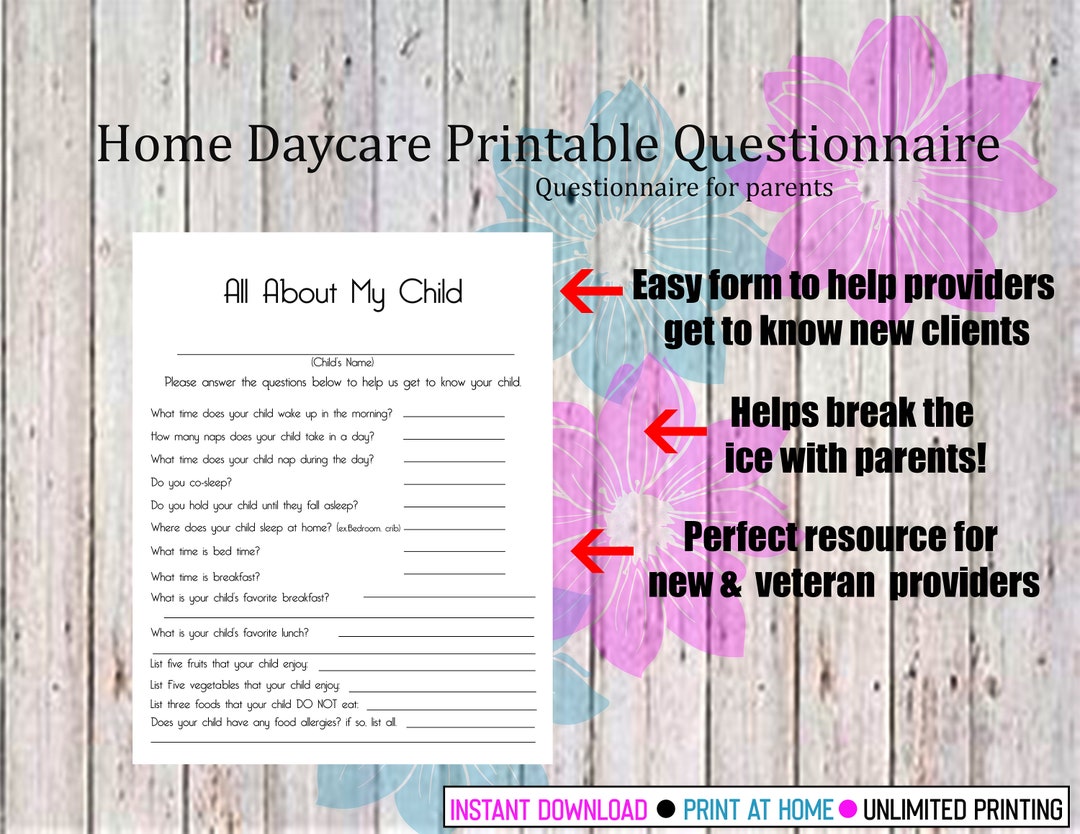 Home Daycare Enrollment Form: All About My Child Printable (PDF & JPEG ...