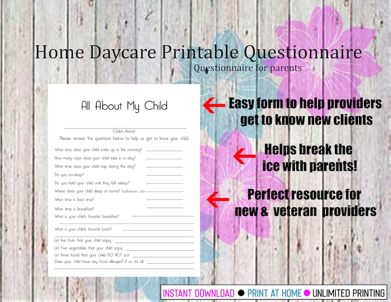 Home Daycare Enrollment Form: All About My Child Printable (PDF & JPEG ...