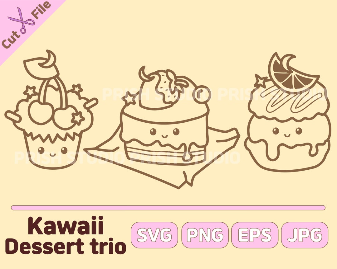 Cute Dessert Clipart Kawaii Cake SVG Food PNG Macaron Stickers Outline ...