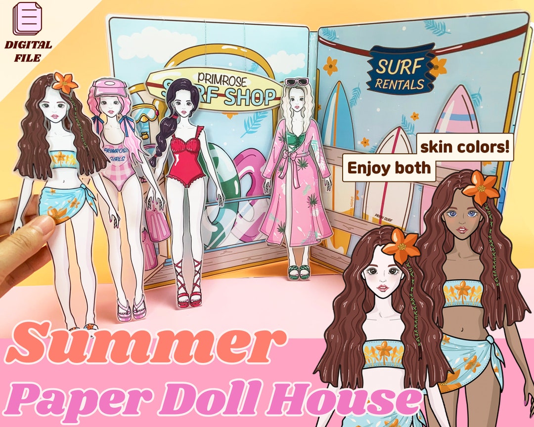 Paper Doll House Printable Summer Holiday Busy Book Beach Vacation Paper Crafts Quiet Book Black ...