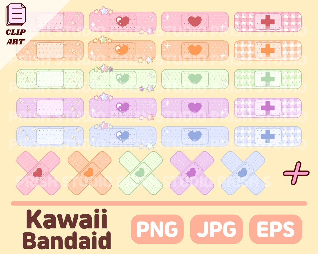 Kawaii Clipart Set Cute Bandaid PNG Clip Art Bandage Stickers EPS Love ...